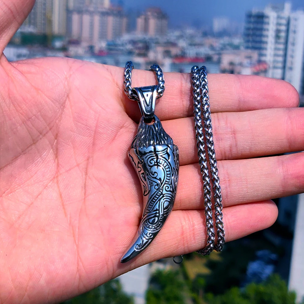 Viking-Wolf-Fang-Tooth-Spike-Pendant-Necklace-Men-Women-Biker-Stainless ...