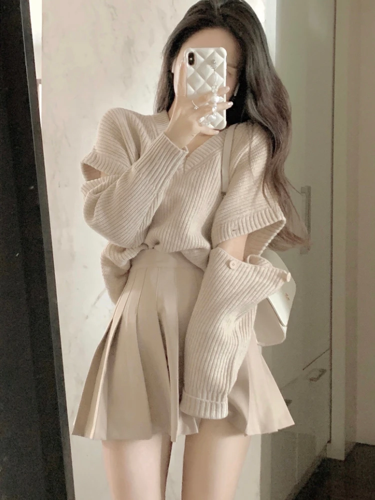 하라주쿠 빈티지 스위트 V넥 울 스웨터와 주름 미니 스커트 폴드 투피스 세트 여성 페스티벌 의상 겨울 2022 신상품