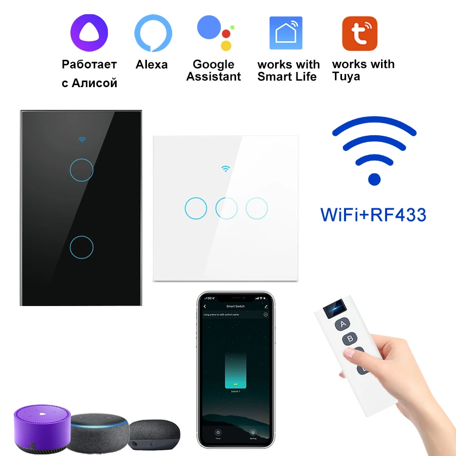Smart Touch Switch Tuya Wifi Wall Interruptor Alexa For Lighting 1/2/3 ...