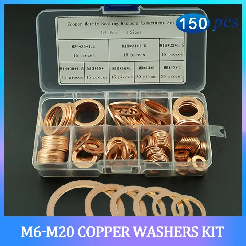 150PCS Copper Washers for Oil Sump Plug M6 M8 M10 M12 M14 M16 M18 ...