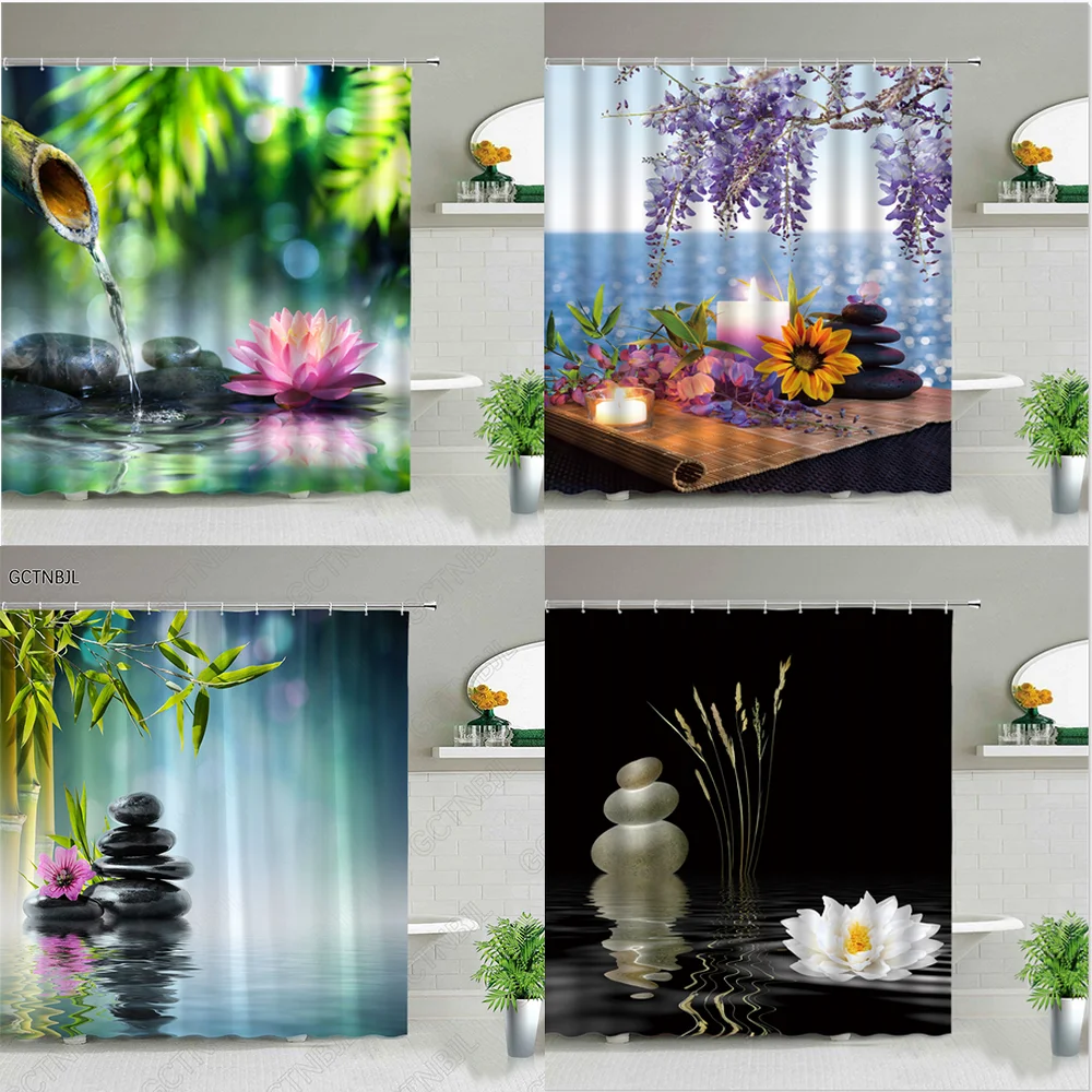 Zen Landscape Shower Curtains Flowers Plant Green Bamboo Black Stone ...