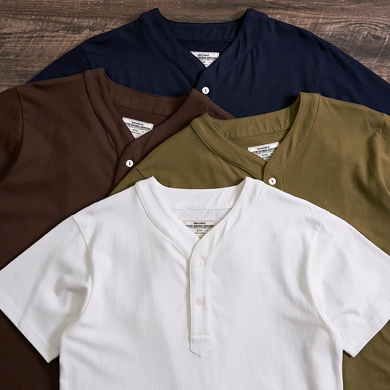 Summer-New-American-Retro-250g-Knitted-Henry-Collar-Soild-Color-T-shirt ...