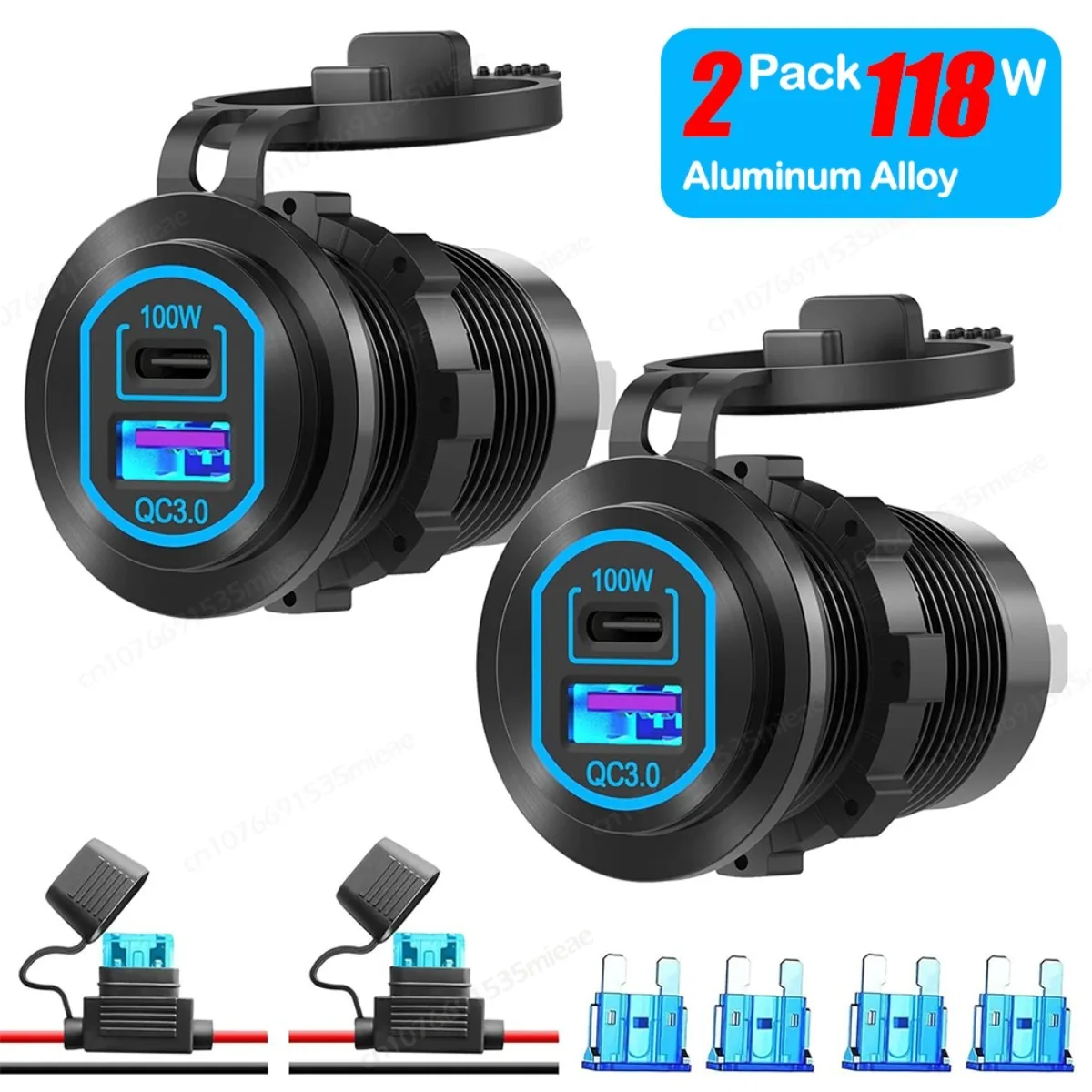 2 Pack 12V USB Outlet PD 100W USB-C & QC3.0 18W Port Aluminum Car ...