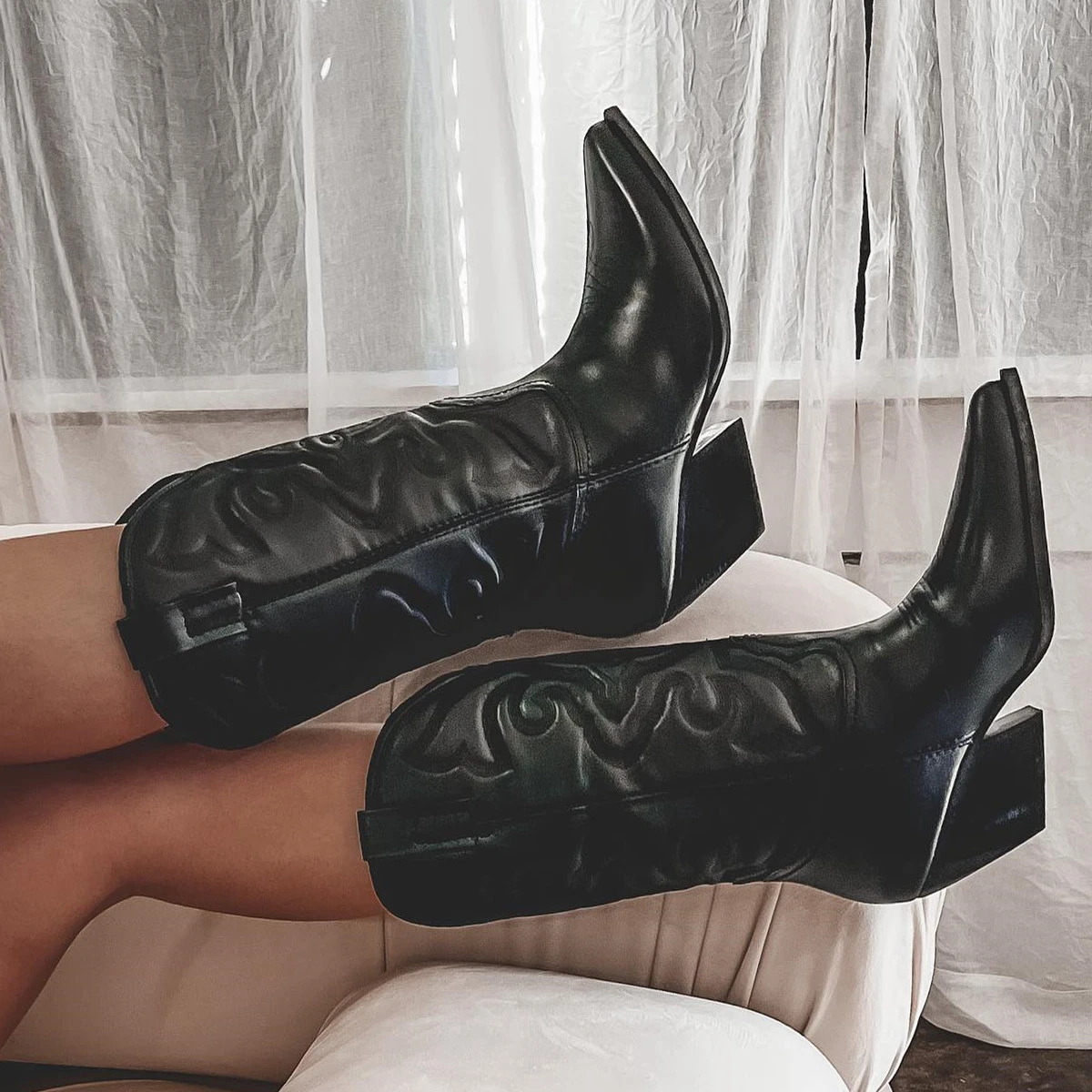 Botas de bezerro metálicas femininas, Salto de bloco, Dedo apontado ...