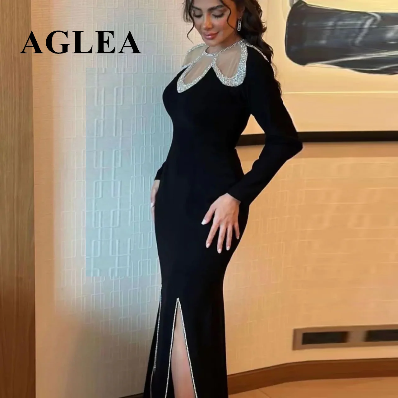 AGLEA2023Black-Robe-de-soir-e-en-satin-fente-haute-pour-femme-manches ...