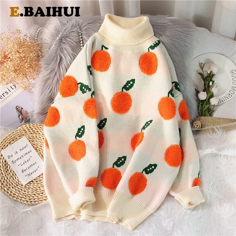 Ebaihui 2020 Autumn Winter Sweaters Pullover Cherry Pattern Long Sleeve Sweater Women Turtleneck ...