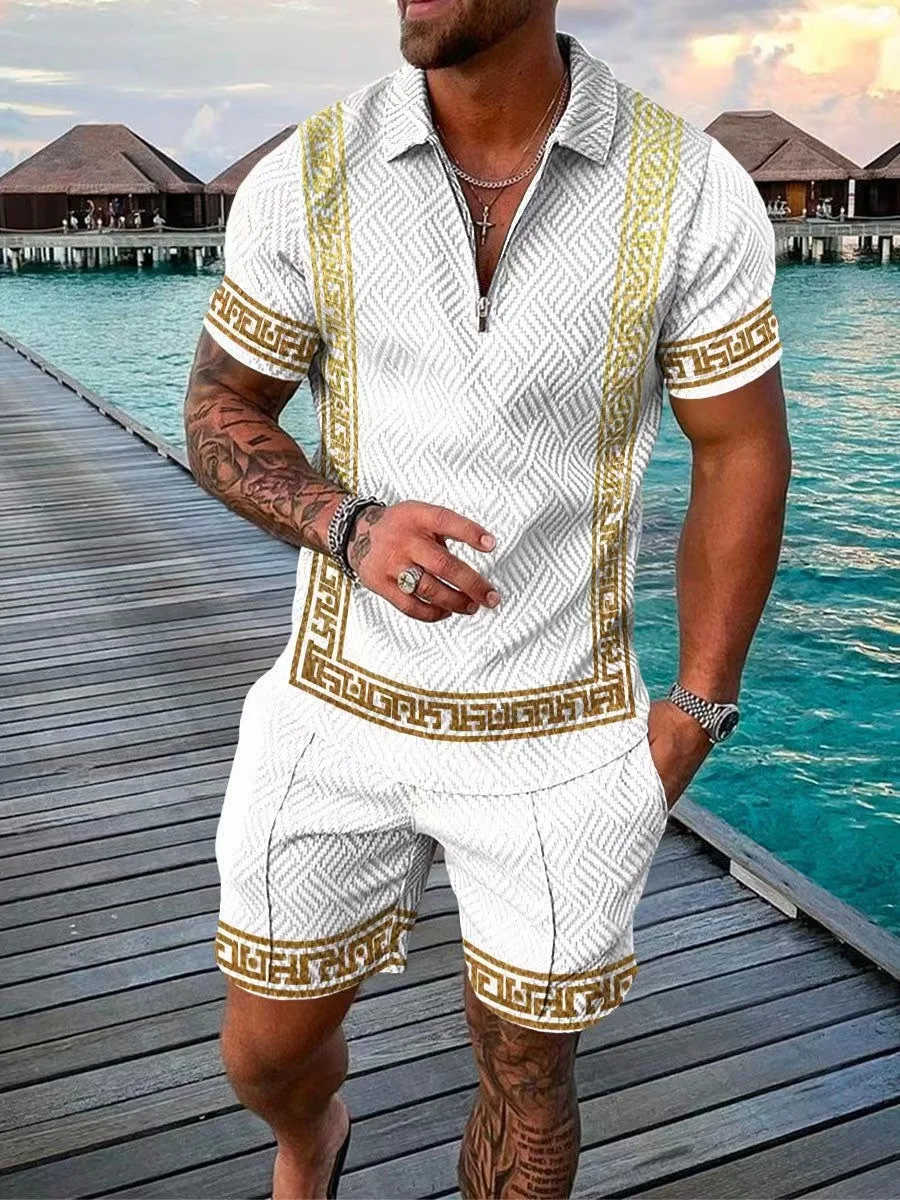 Men's Summer Tracksuit Luxury Gold Chain Polo Shirt Set Turn Down ...