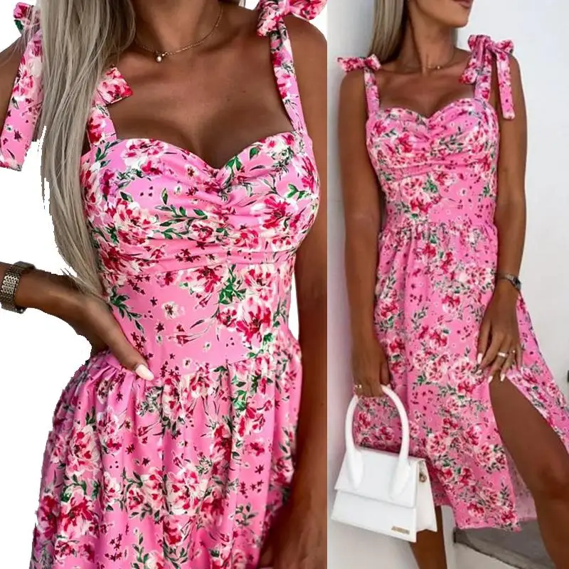 Women Summer Spaghetti Strap Dress Sexy Floral Print Sleeveless Sling