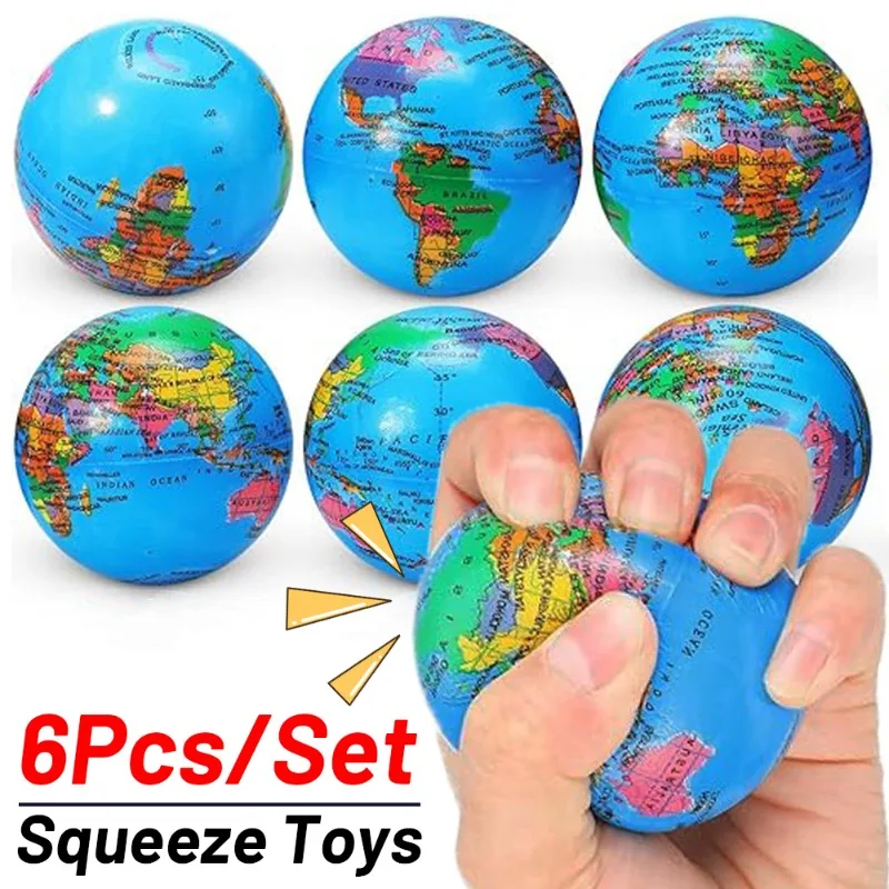 6Pcs/Bag Globe Toy PU Foam Globe Decompression Teaching Elastic Ball ...