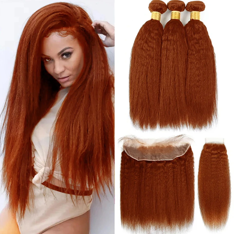 Orange Ginger #350 Color Virgin Kinky Straight Human Hair Bundles With ...