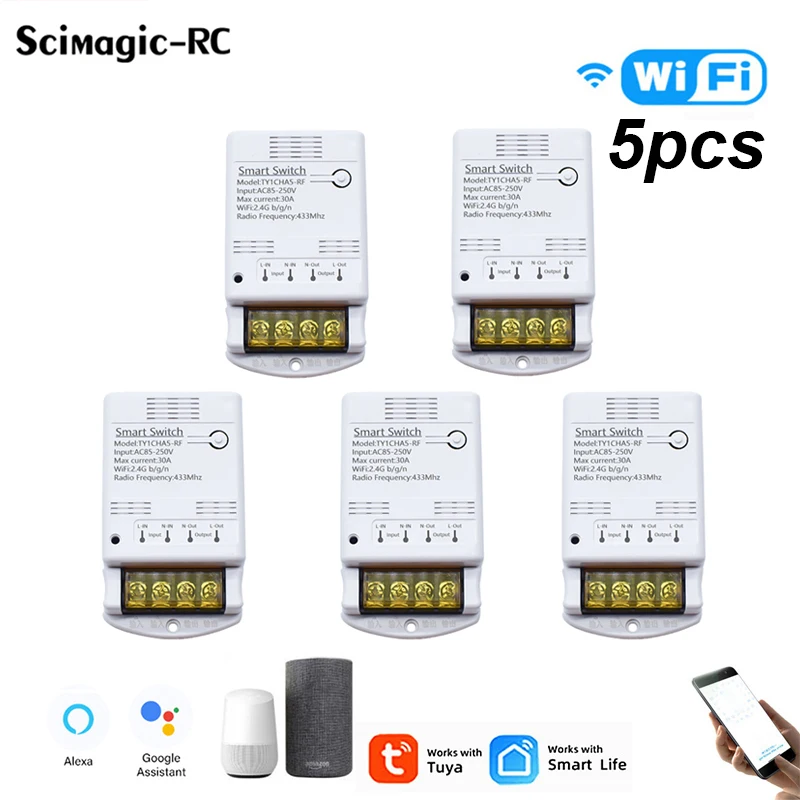 5X-Wifi-30A-Relay-Module-85-250V-220V-Smart-Switch-20A-RF-Controller ...