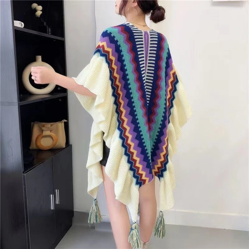 Navajo Style Poncho Autumn Knit Cardigans With Tassels Boho Bat Wing ...