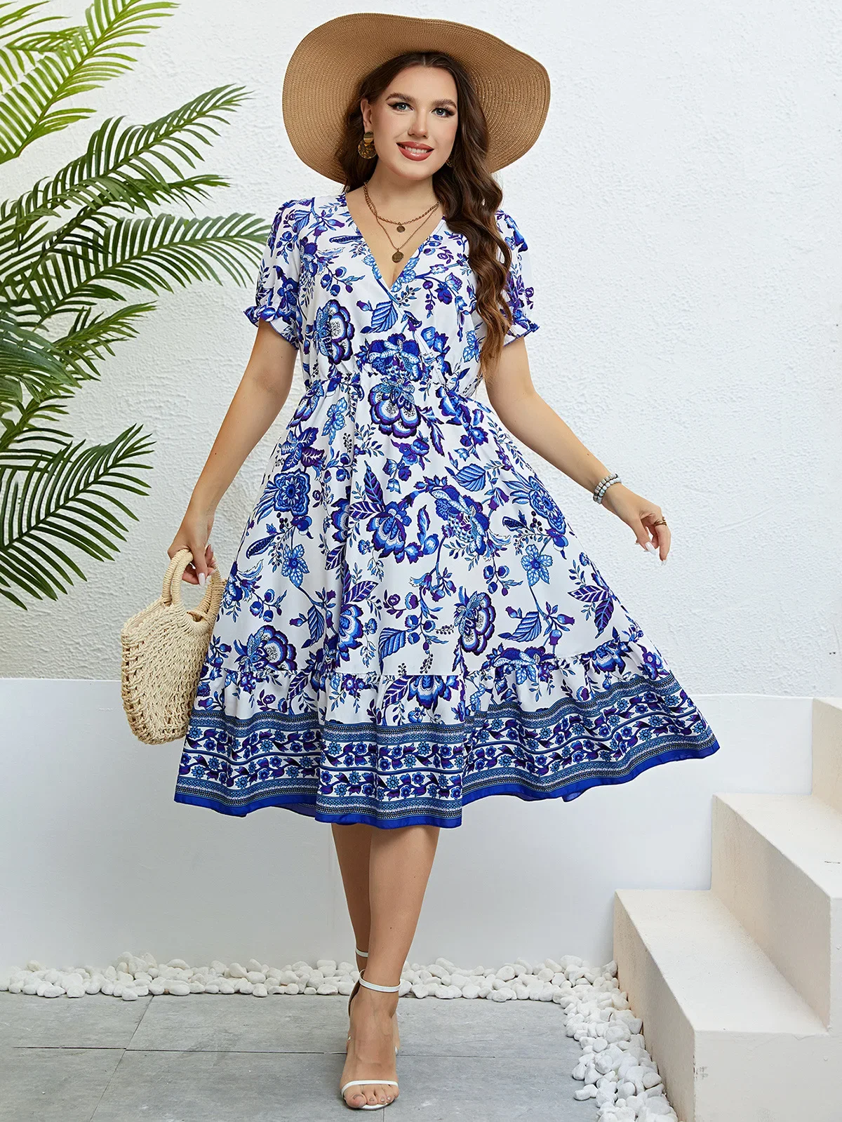 Plus-Size-Women-Flower-Print-V-Neck-A-Line-Dresses-Elegant-Ruffle-Short ...