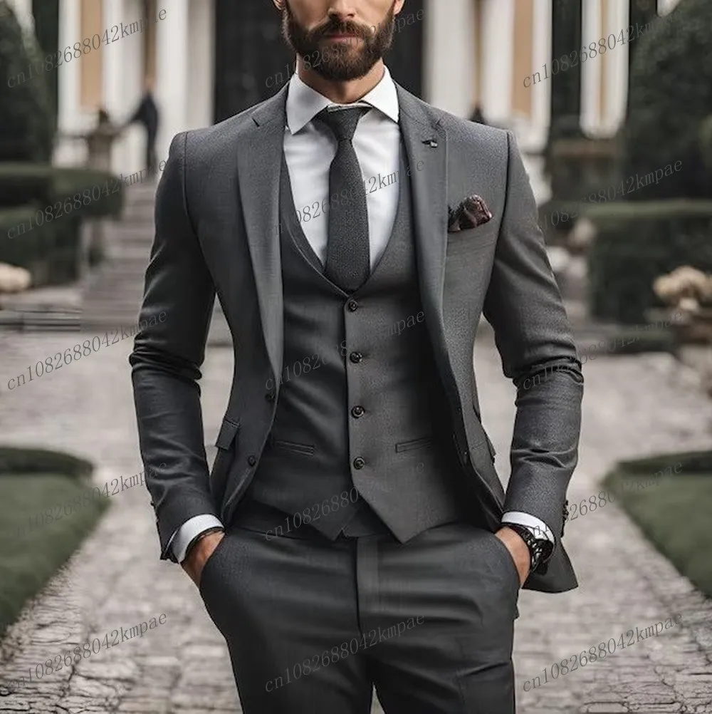 Dark Grey Formal Occasion Business Men Suit Groom Groomsman Wedding ...