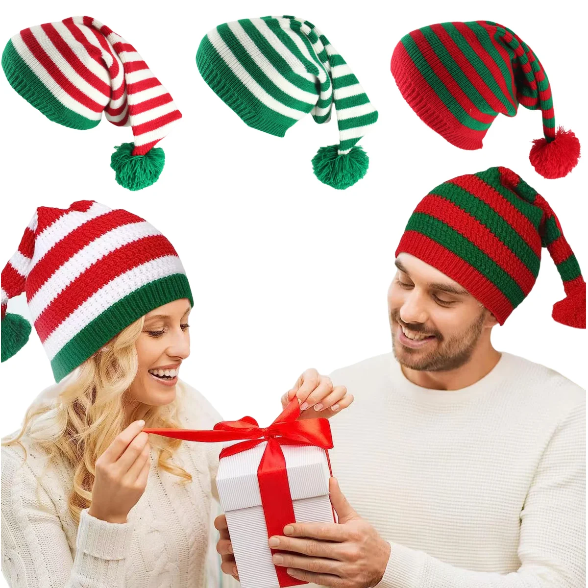 Christmas-Knitted-Elf-Hats-Xmas-Beanie-Santa-Hat-with-Pompom-Striped ...