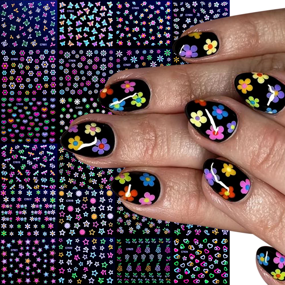 24Pcs Fluorescence Flower Design Nail Art Sticker Colorful Daisy Floral ...