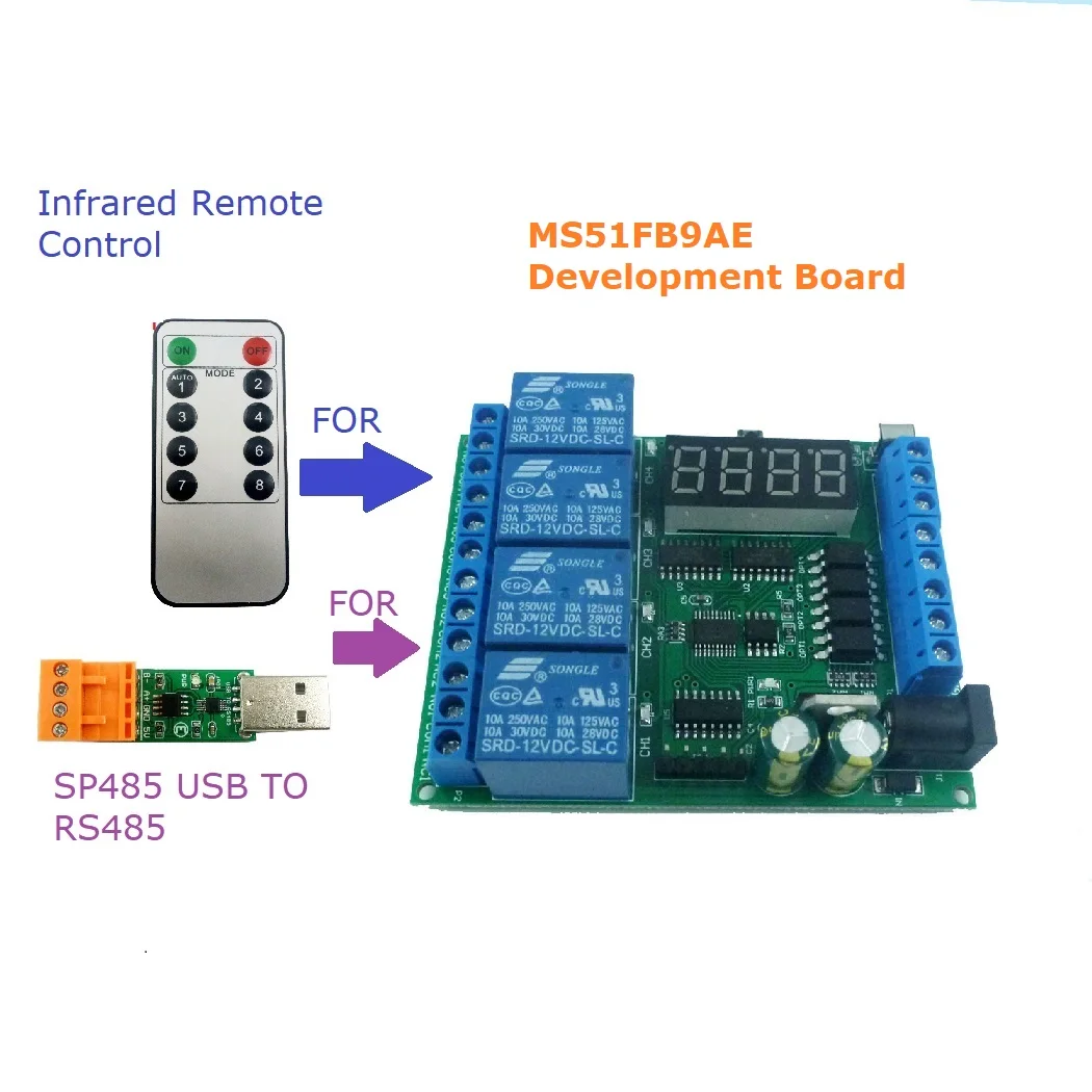 nuvoton n76e003 mcu development board ms51fb9ae digital tube led ir optocoupler rs485 relay module
