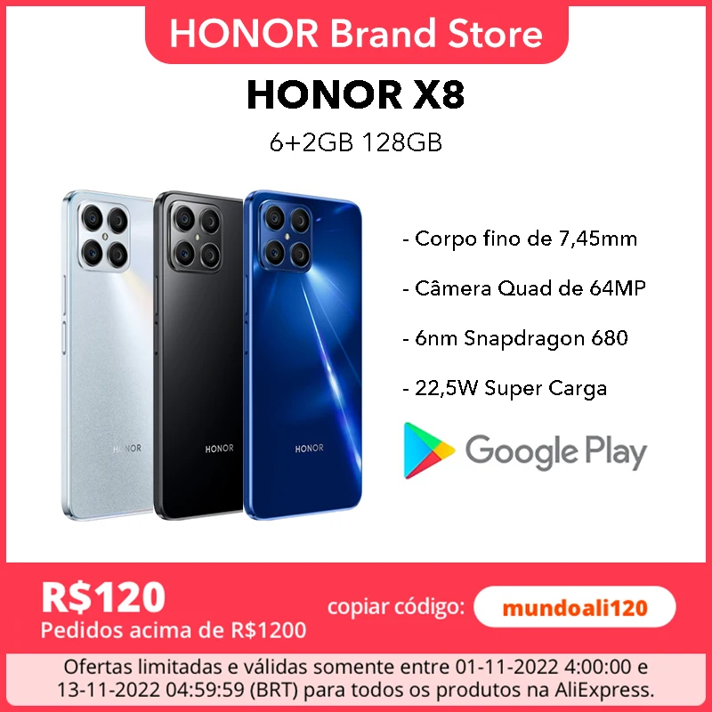 Honor x8 telefone celular 6.7 polegada 128gb android 11 smartphone 6nm ...