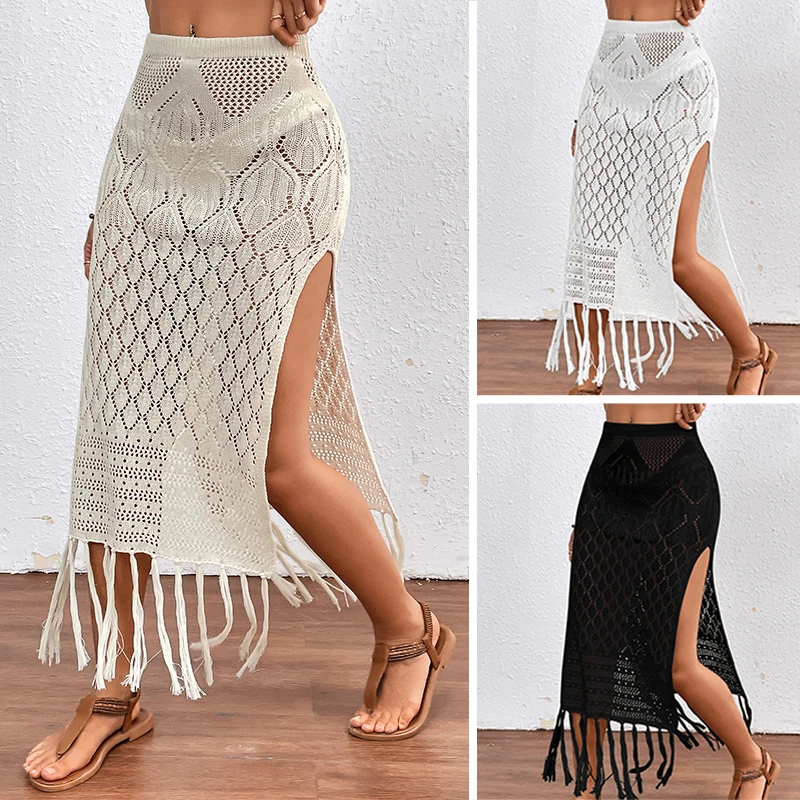 Women-Knitted-Texture-Sarong-Skirts-Sexy-High-Slit-Tassel-Cover-Up ...