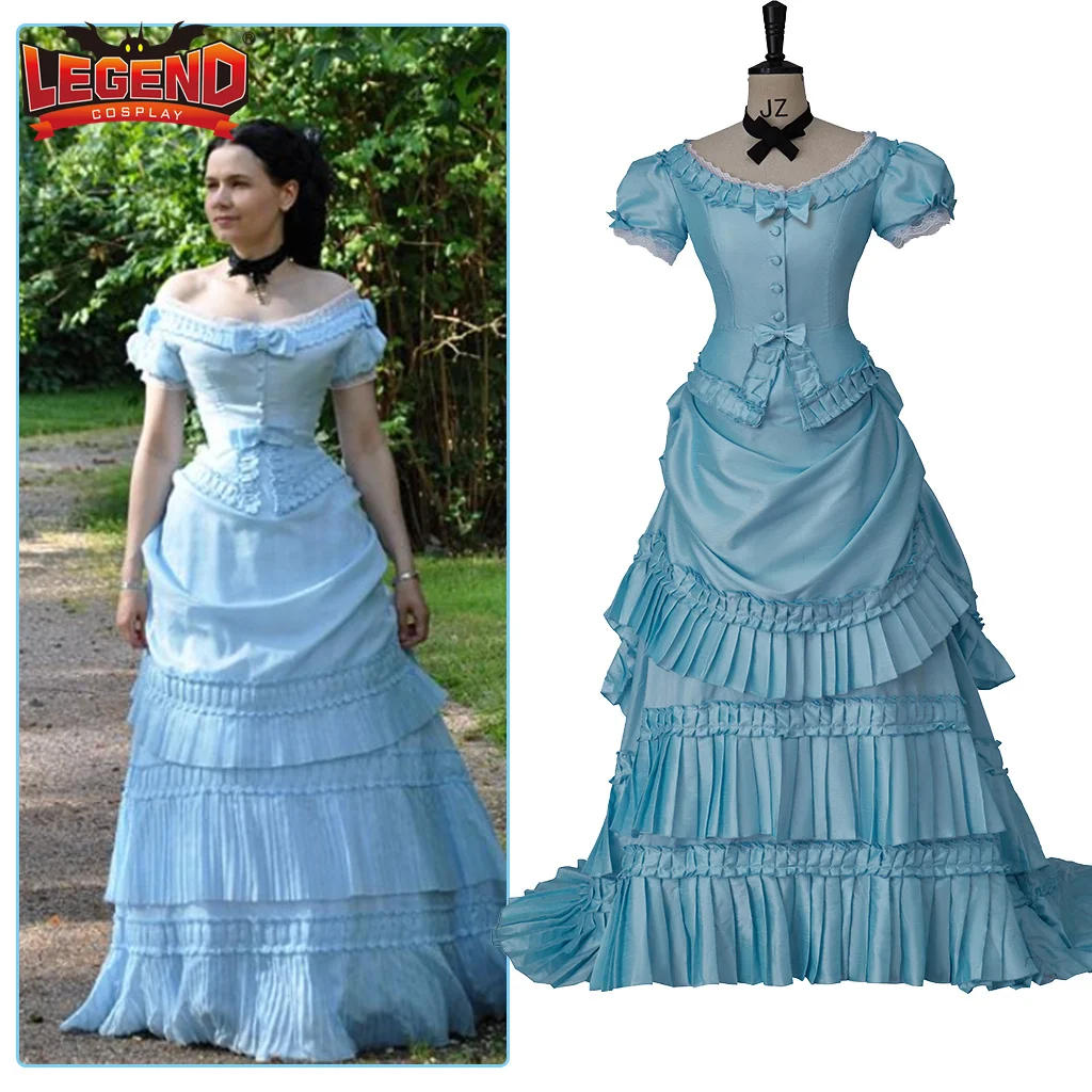 Blue-Victorian-Bustle-Dress-1860s-Off-Shoulder-Vintage-Historical-Civil ...