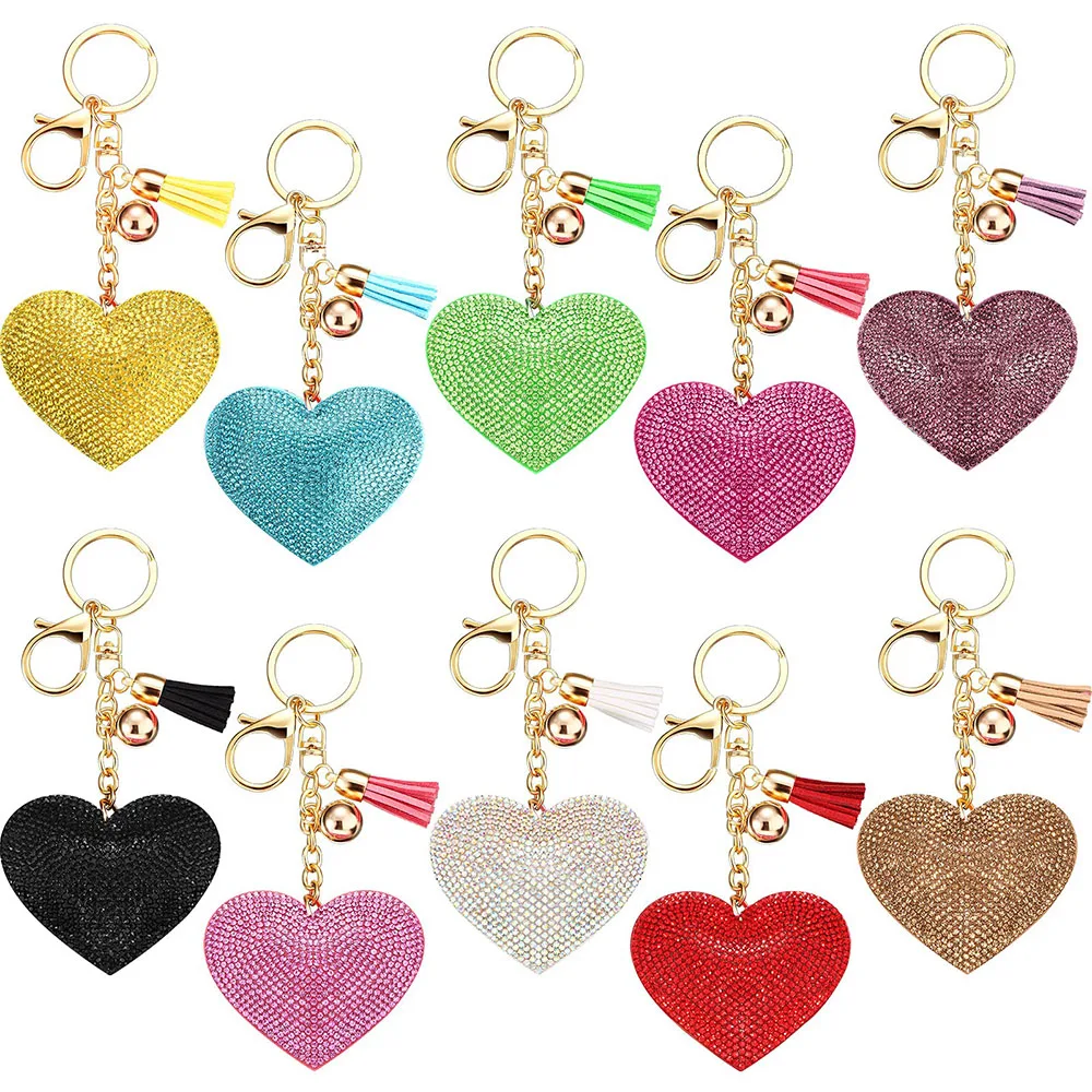 Bling Rhinestone Heart Shape Keychains Glitter Crystal Heart Tassel ...