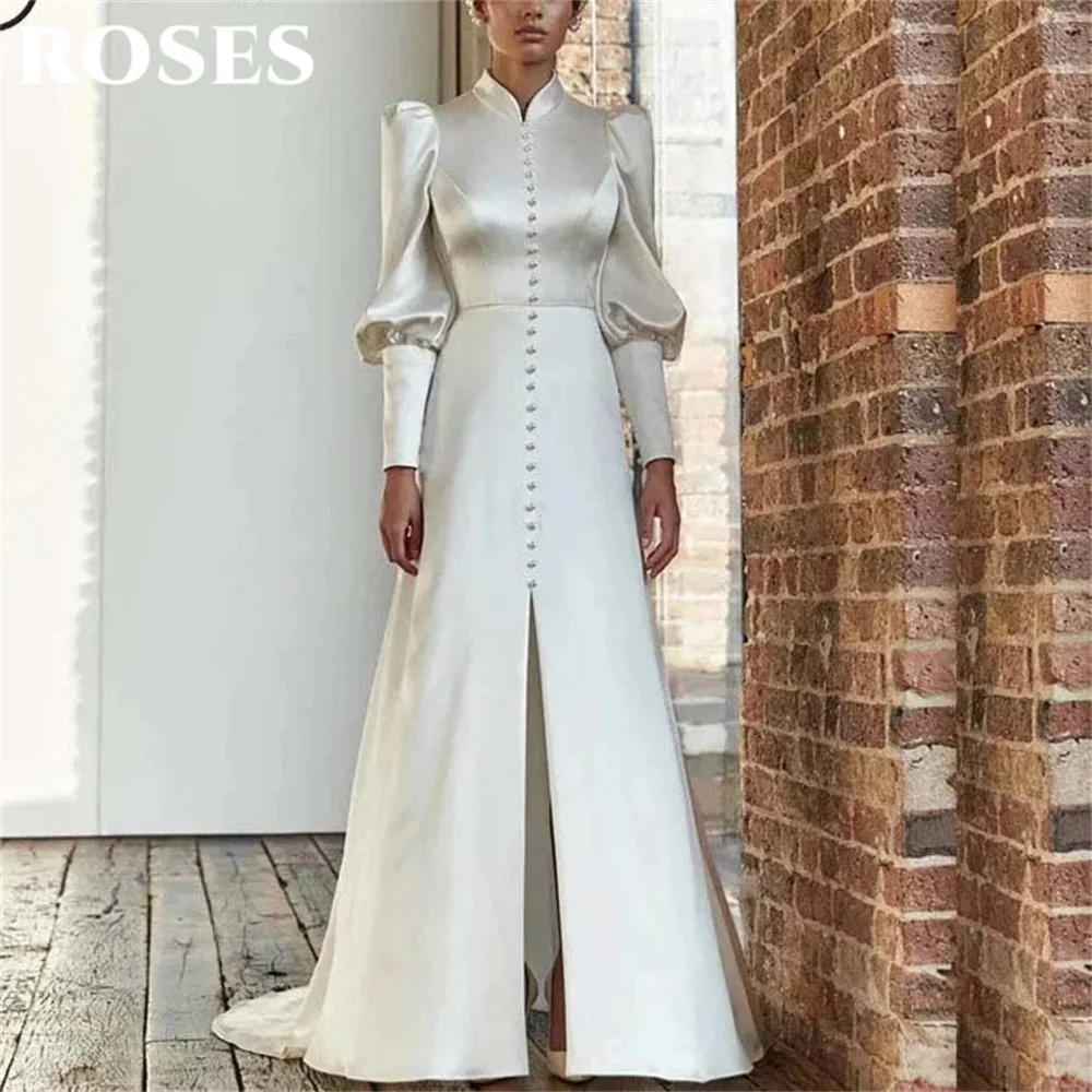 ROSES White Stain Evening Gown with Silt A Line Elegant Prom Dress ...