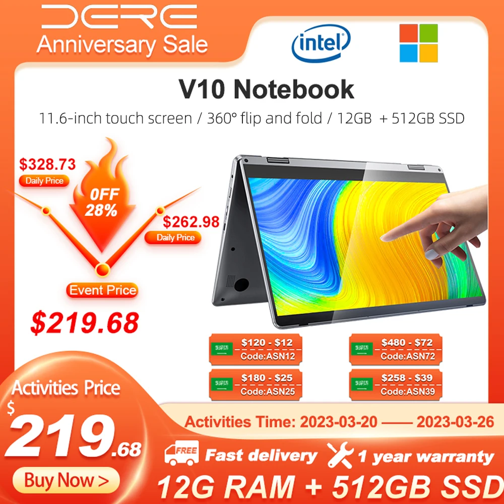 DERE V10 Laptop 11.6" Touch Screen Laptop 12GB RAM 512GB SSD 360° Flip ...