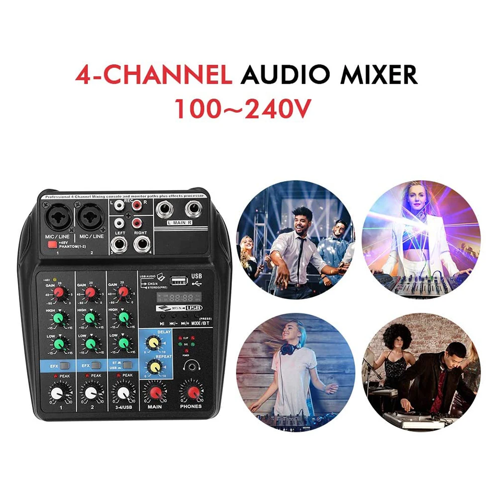Mélangeur Audio à 4 canaux Mini Console de mixage DJ avec alimentation 48V pour PC diffusion en ...