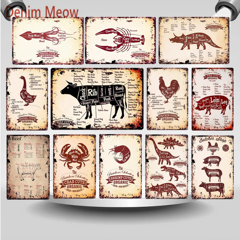 Cuts Butcher Guide Beef Chicken Pig Meat Collcetion Vintage Metal Sign ...