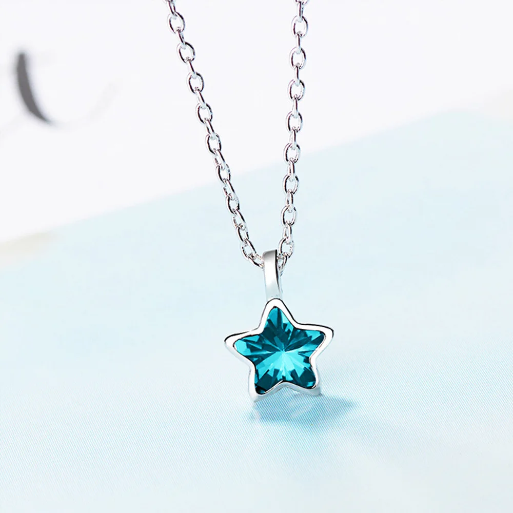 925 Sterling Silver Blue Star Crystal Pendant Elegant Necklaces For ...