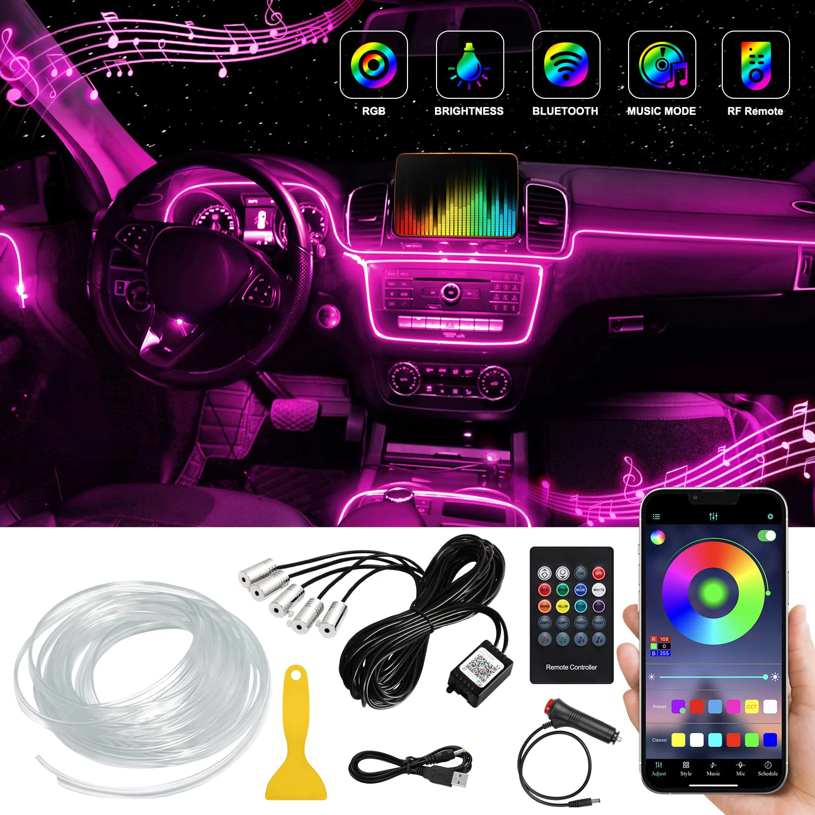5 in 1 LED Car Interior Ambient Lights Neon Fiber Optic Lighting Kit ...