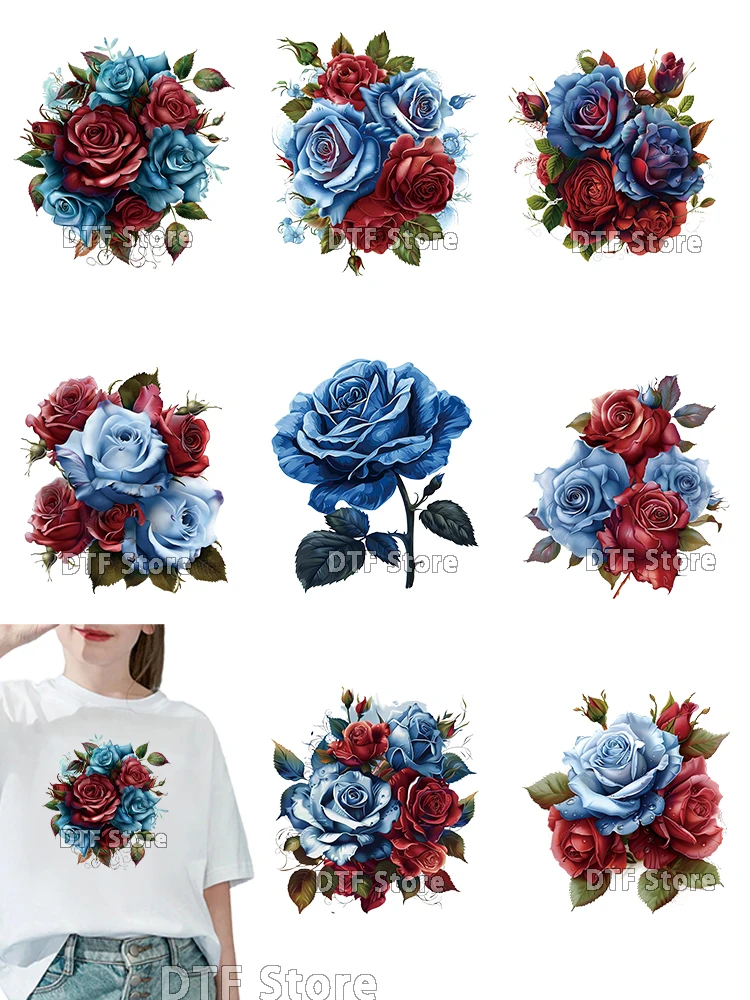 Watercolor-beautiful-blue-red-roses-DTF-Iron-On-Transfers-Patches-DIY ...