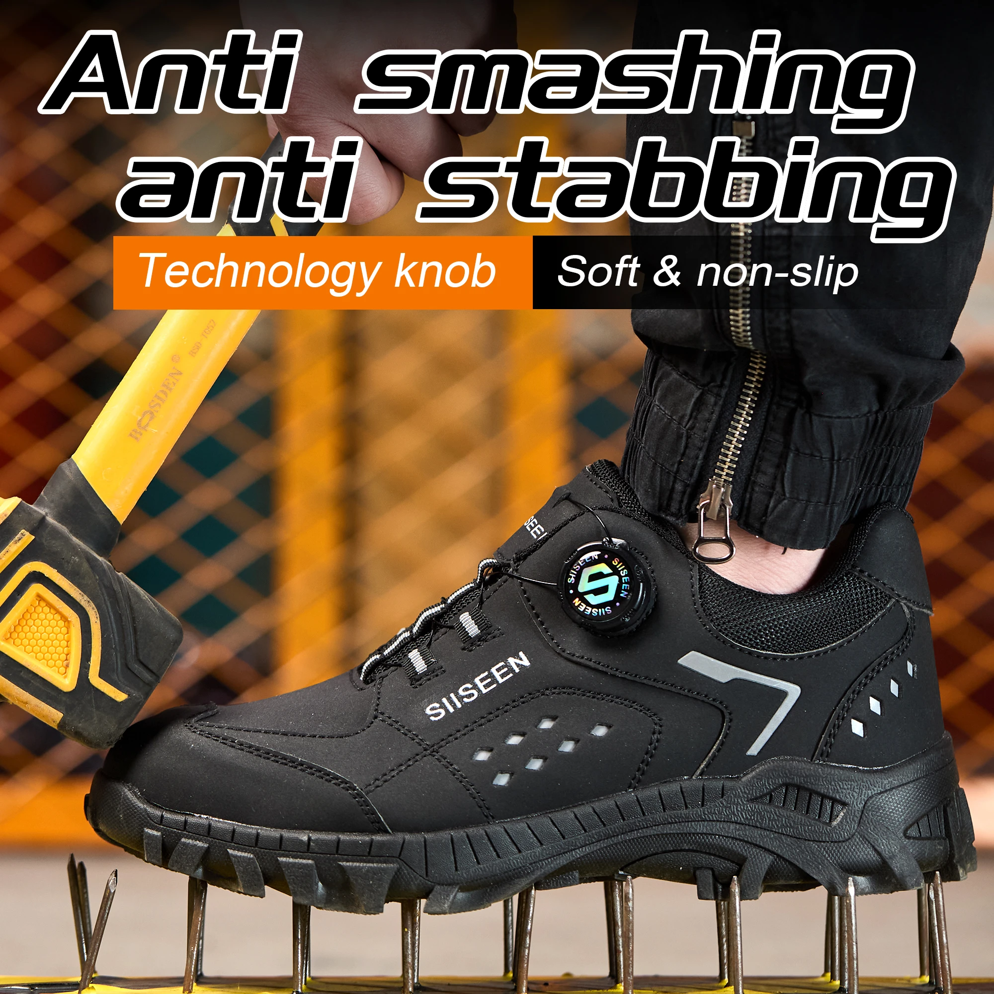 Men's Steel Toe Safety Shoes Rotating Button Black Leather Non Slip Men ...