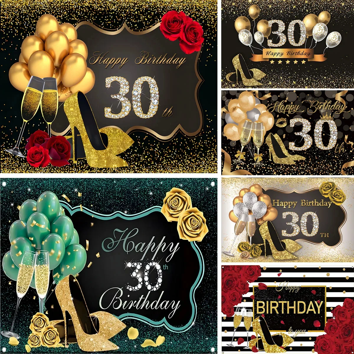 30-Years-Old-Birthday-Party-Banner-Backdrop-Black-Gold-Silver-Balloon ...