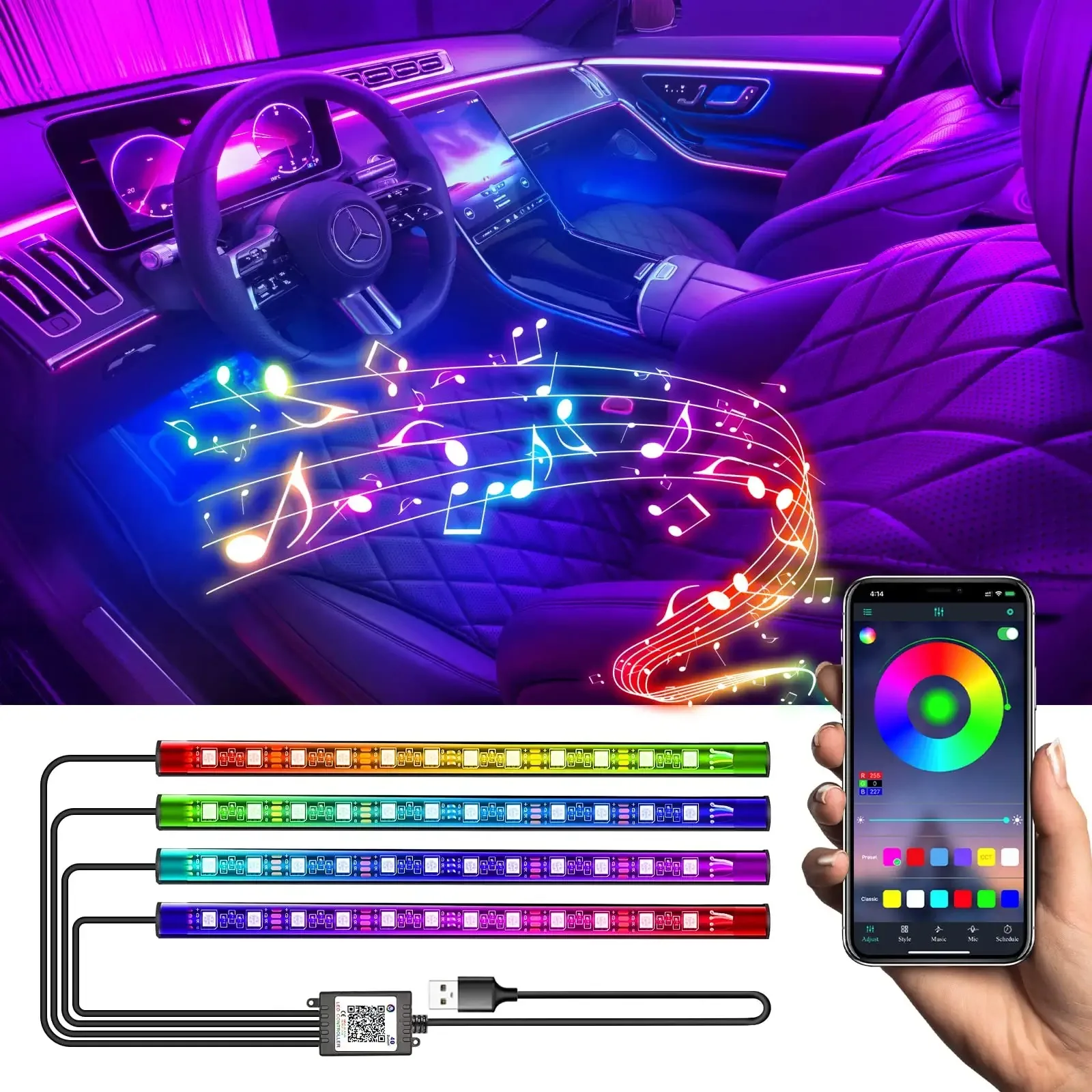 LED-Car-Interior-Ambient-Foot-Light-Strip-Neon-Lighting-Backlight-Kit-W ...