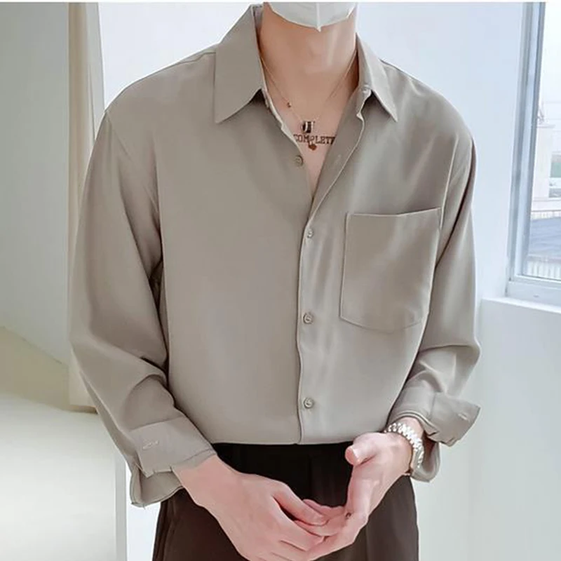 Spring Autumn Trendy Fashion High-end Male Blouse Long Sleeve Simple ...