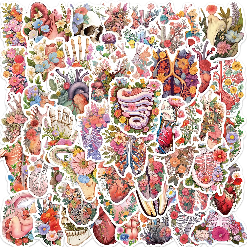 50pcs-Human-Anatomy-with-Flowers-Stickers-Body-Part-Stickers-Luggage ...