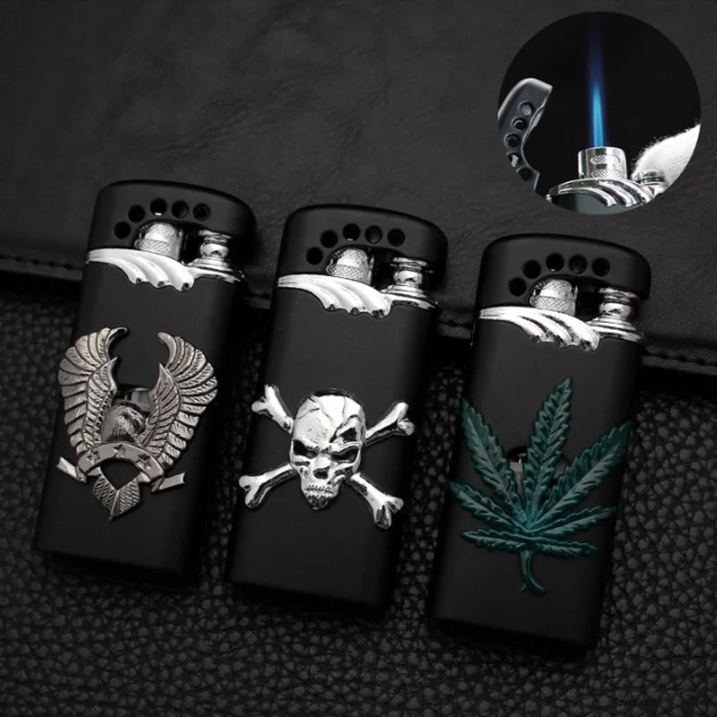 Personality-Skull-Metal-Windproof-Gas-Lighter-With-Flashing-Light-Blue ...