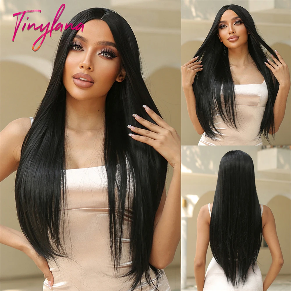 Synthetic Long Straight Natural Black Middle Part Wigs for White Women ...