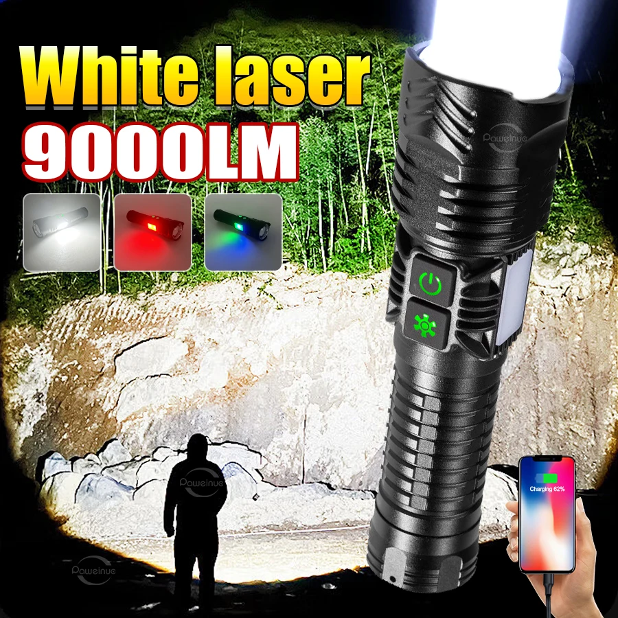 New-9000LM-Rechargeable-Flashlight-White-Laser-Powerful-LED-Torch-1500m ...