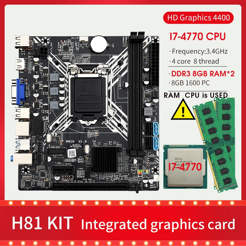 H81 Mainboard Lga 1150 With Core I7 4770 Processor Ddr3 8gb 1600mhz*2=16gb Pc Ram Memory ...