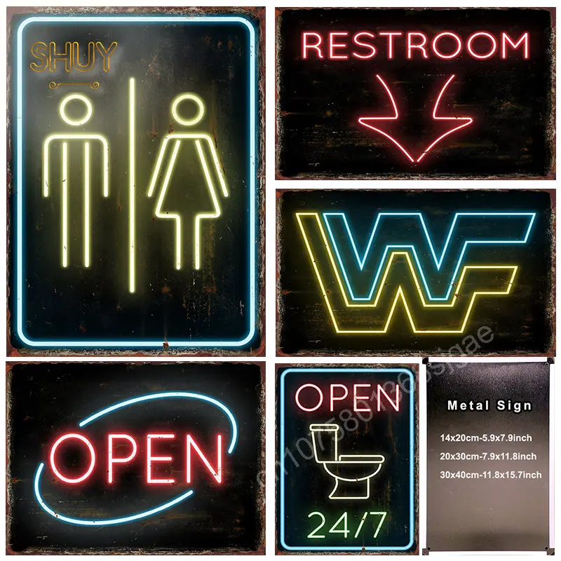 Toilet Open Metal Tin Sign Neon Light Bar Room Decoration Bathroom ...