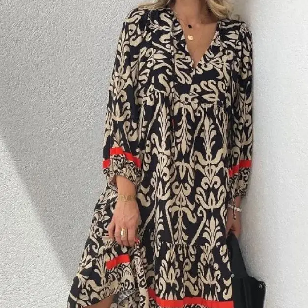 Robe-Maxi-Vintage-Manches-sulfet-Col-en-V-pour-Femme-Tenue-D-contract-e ...