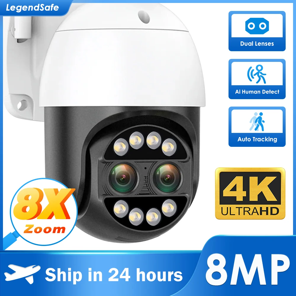 4K 8MP Ai Human Detect Security Camera Outdoor WiFi PTZ Dual Lens 4MP ...