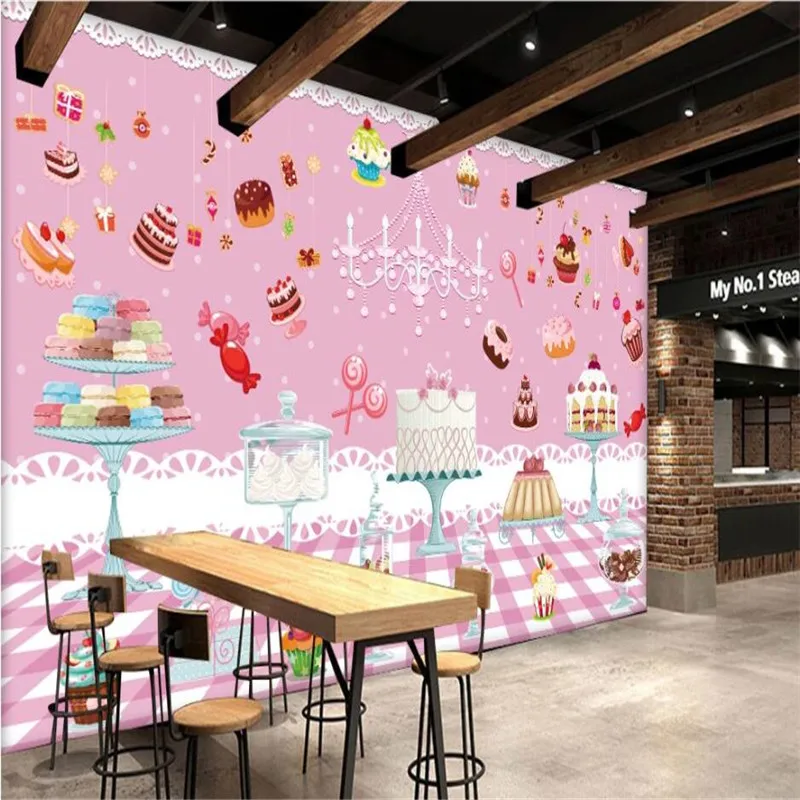 European-Pink-Cake-Dessert-Mural-Wall-Paper-3D-Modern-Coffee-Dessert ...