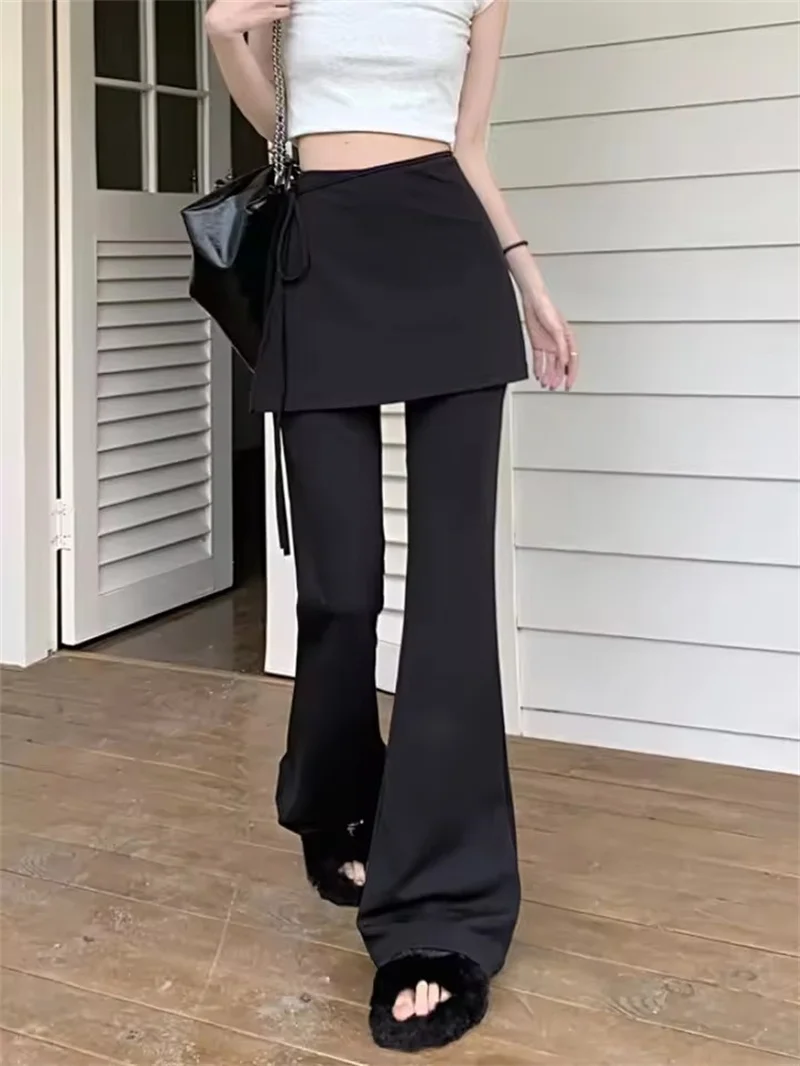 Black High Waist Slim Fit Pants Women's Summer Thin Belted Fake Two ...