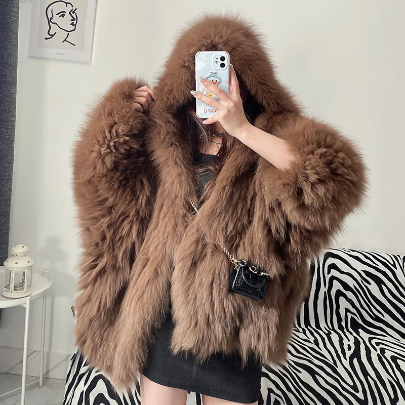 2022 New Real Fox Fur Coat With Wood Fashion Luxury Knitted Fur Coat ...