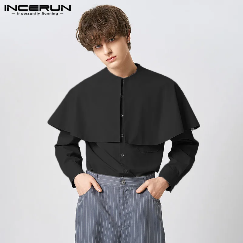 INCERUN Men Casual Shirt Lapel Long Sleeve Streetwear Solid Color Cloak ...