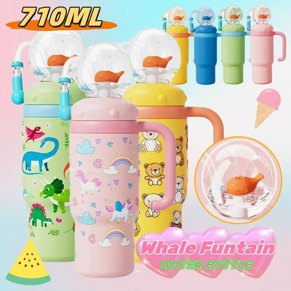 24oz Stainless Steel Whale Fountain Tumbler Straw Water Cups Kids ...