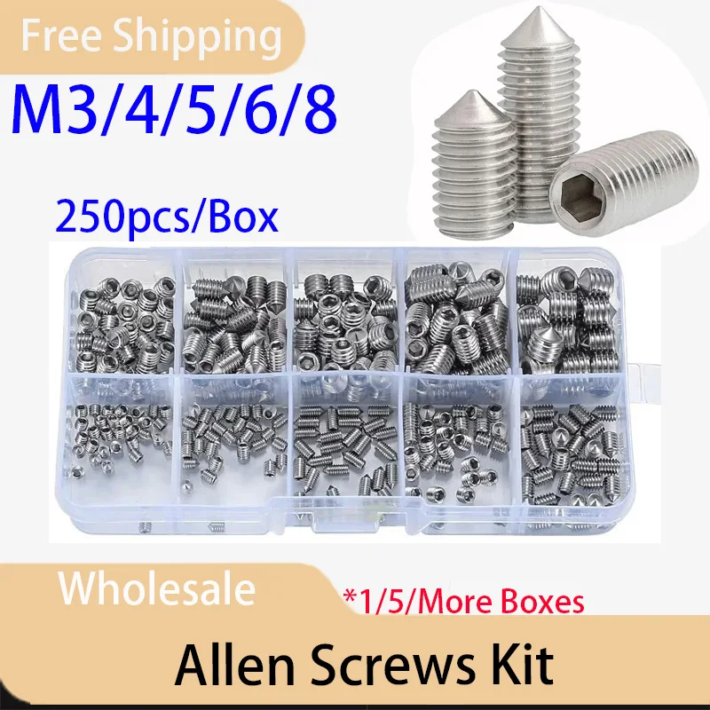 250pcs-Box-304-Allen-Screws-Hex-Hexagon-Socket-Set-Screw-Cone-Point ...